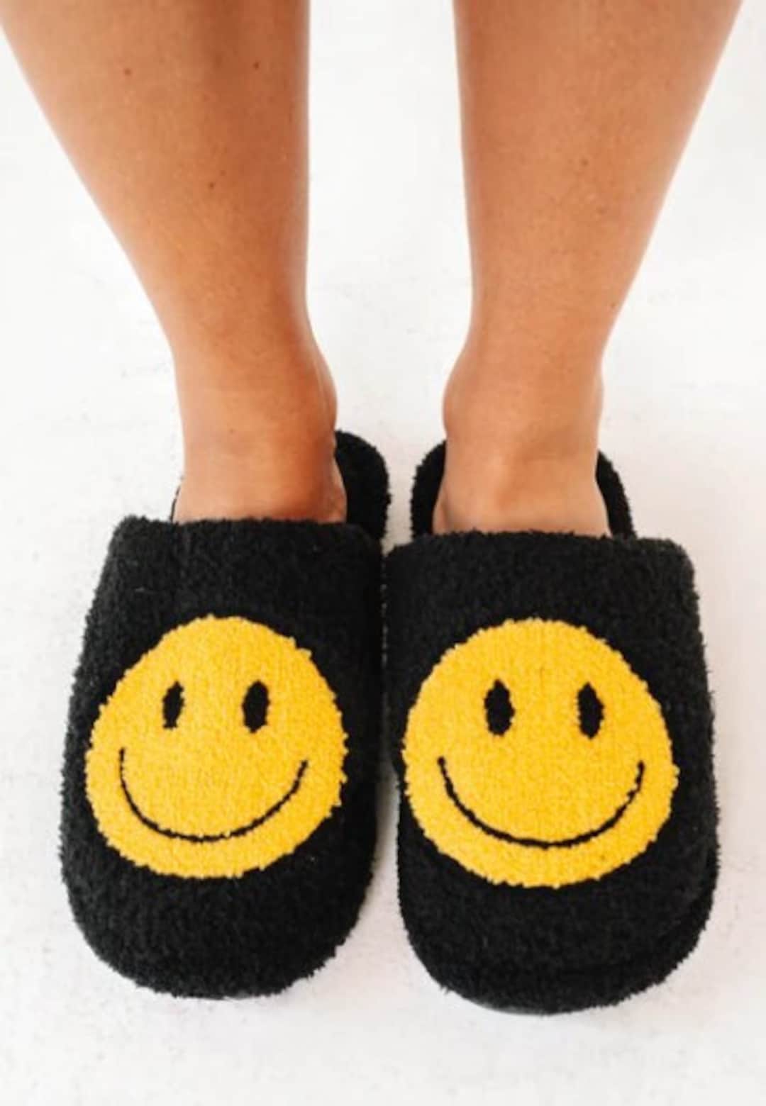 Smiley Face Slippers Fluffy Cushion Slides Cute Womens Comfortable ...