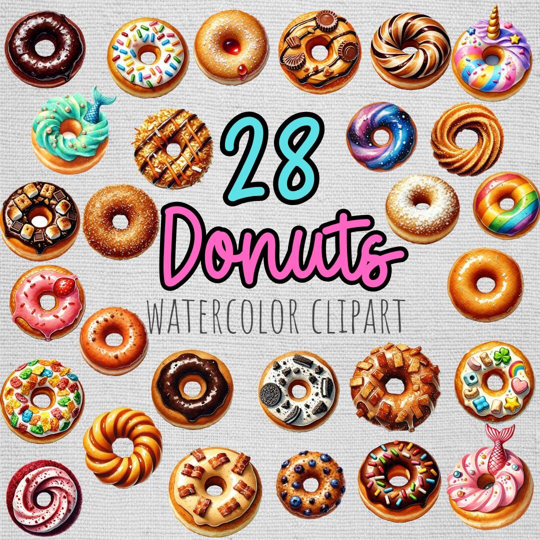 Donut Watercolor Clipart Bundle - Sublimation, Png, Doodle Clipart ...