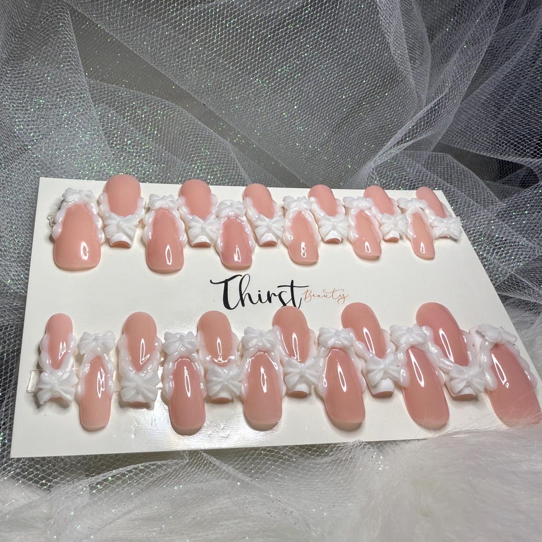 Long Coffin White French Tip Frosting Nails With Bows - Ready2ship ...