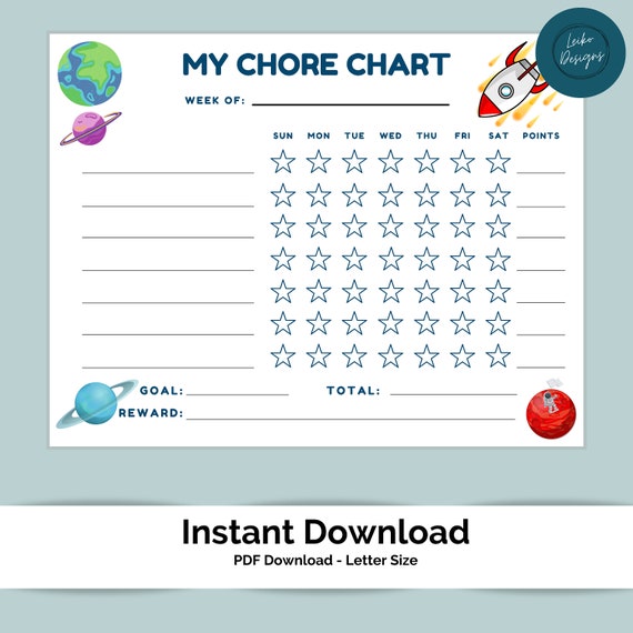 Paper Printable Kids Chore Lists Bundle Space Theme Calendars ...