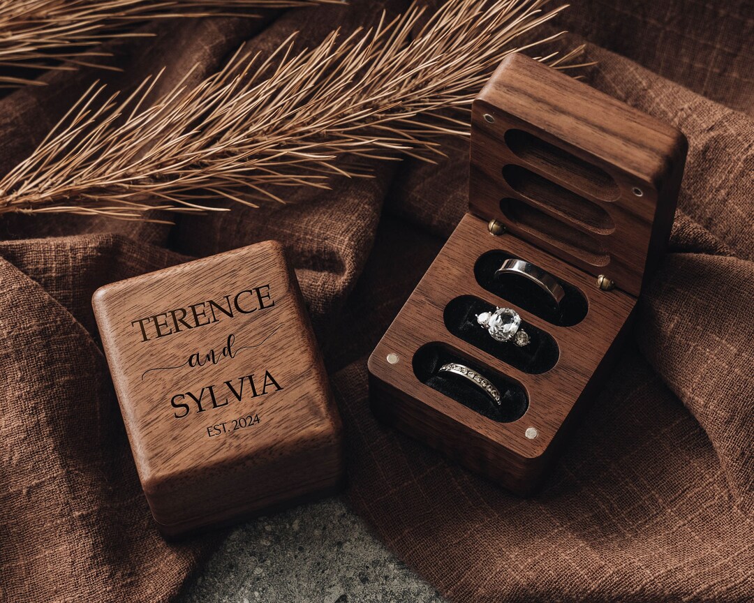 Personalized Wood Ring Box Holder Triple Wooden Ring Box Wedding ...