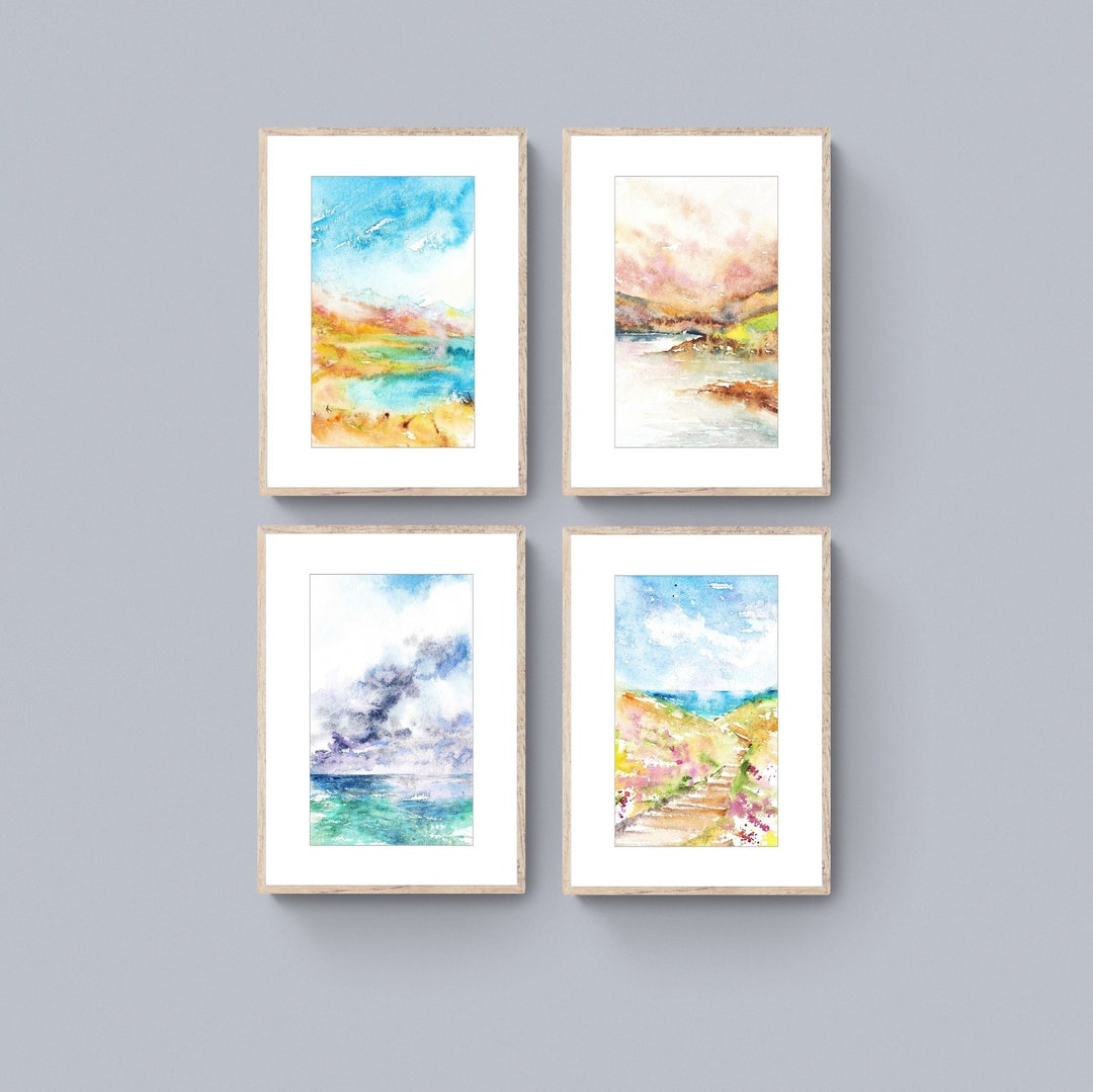 WATERCOLOR LANDSCAPE 4 SEASONS Painting Art Print Set, Seascape Wall ...