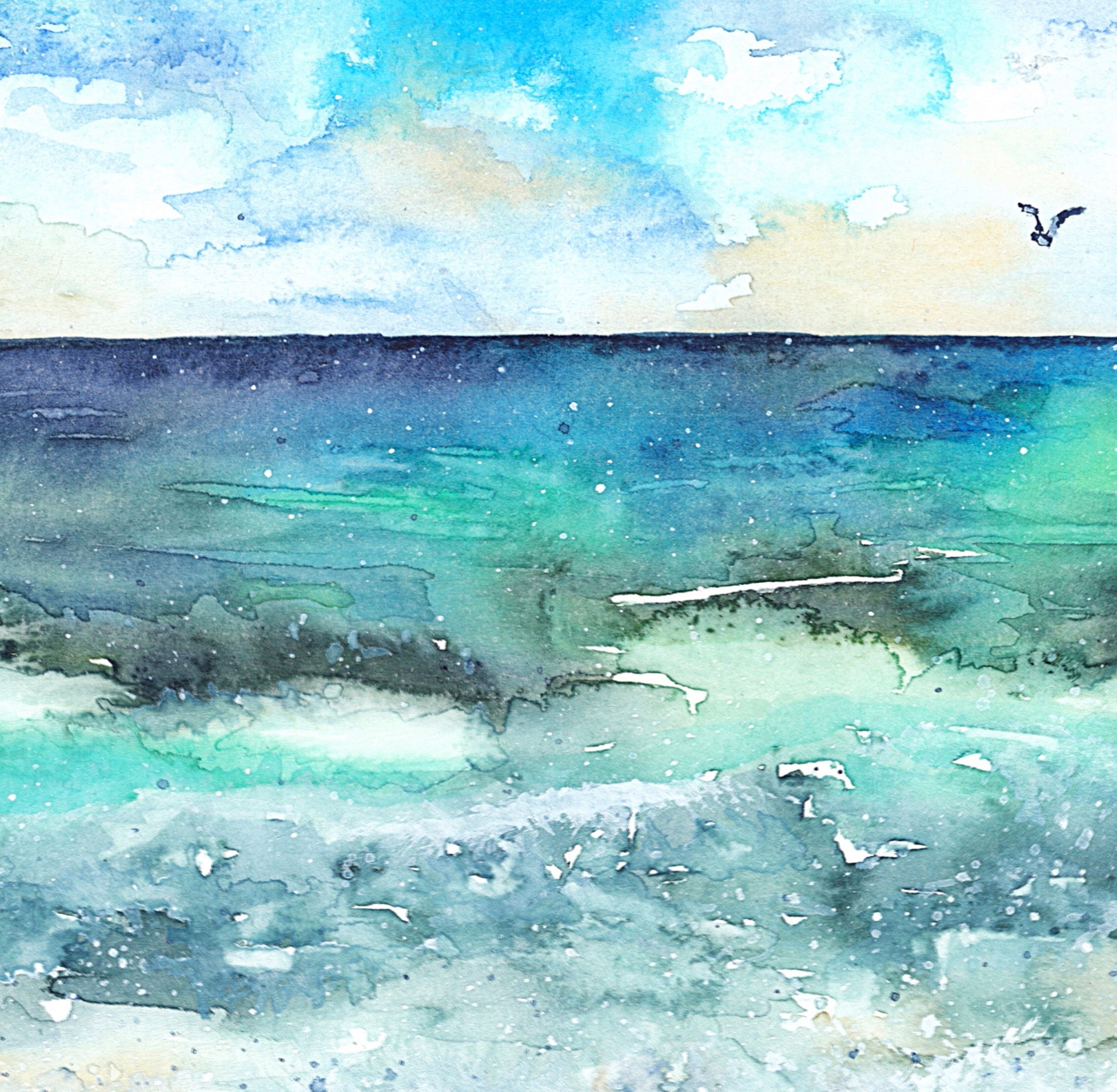 Impresión de arte marino Paisaje marino acuarela pintura aves marinas ...