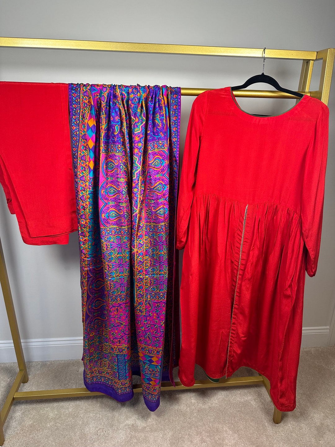Red Front Open Frock Style Shirt and Pant With Multicolored Silk ...
