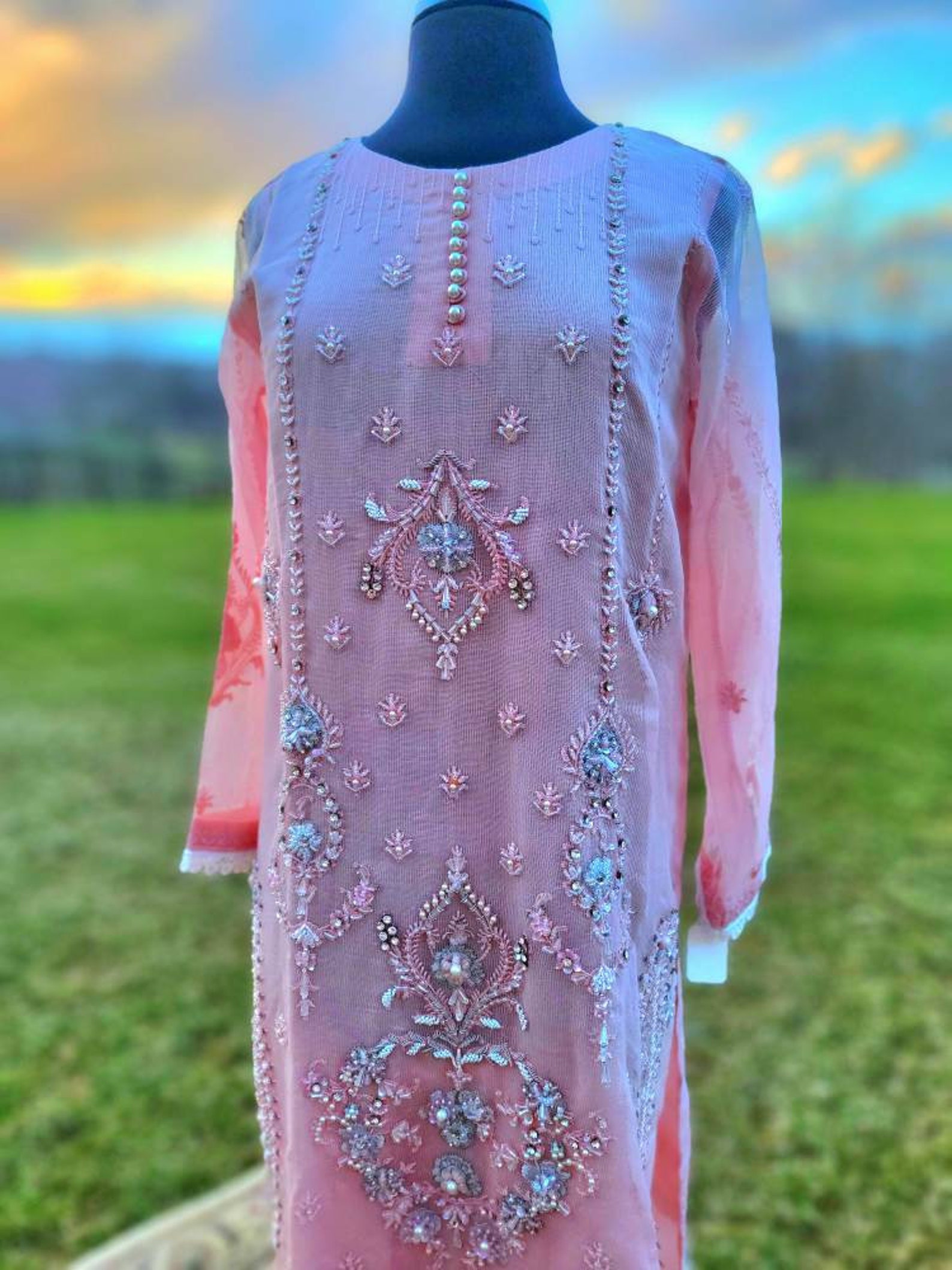 Baby Pink Heavy Handwork Shirt With Silk Straight Pant and Embroidered ...