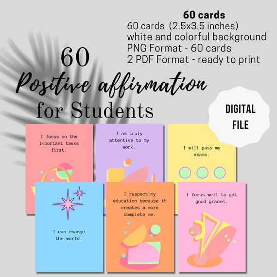 60 Positive Affirmation Cards for Students Digital Download | Etsy