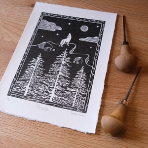 The Wolf | Original Linocut Print | Wolf Print | Howling Wolf Print ...