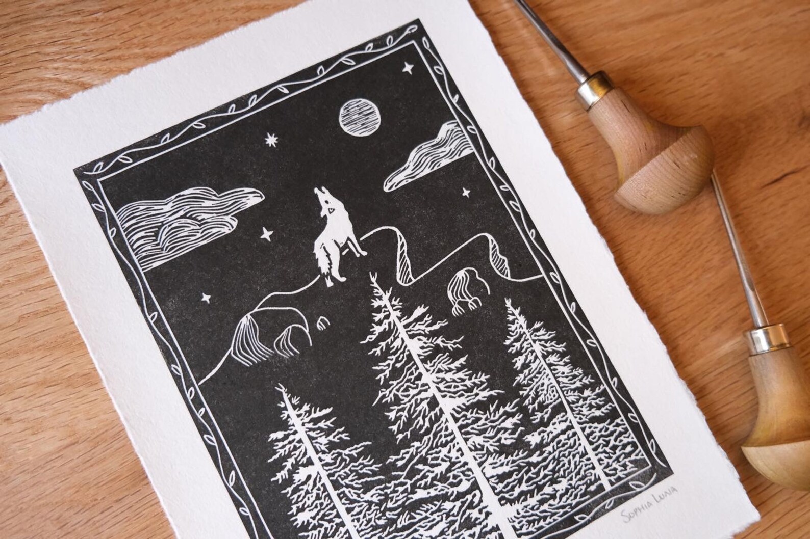 The Wolf | Original Linocut Print | Wolf Print | Howling Wolf Print ...