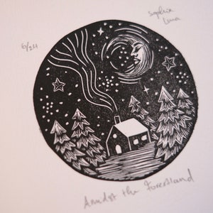 Amidst the Forestland | Original Linocut Print | Forest Print | Moon ...