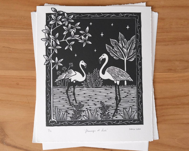 Flamingos at Dusk | Original Linocut Print | Handmade, Limited Edition ...