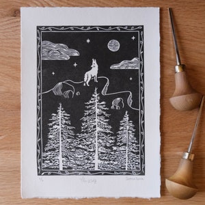 The Wolf Original Linocut Print Wolf Print Howling Wolf | Etsy