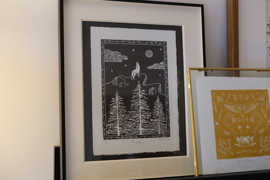 The Wolf Original Linocut Print Wolf Print Howling Wolf | Etsy