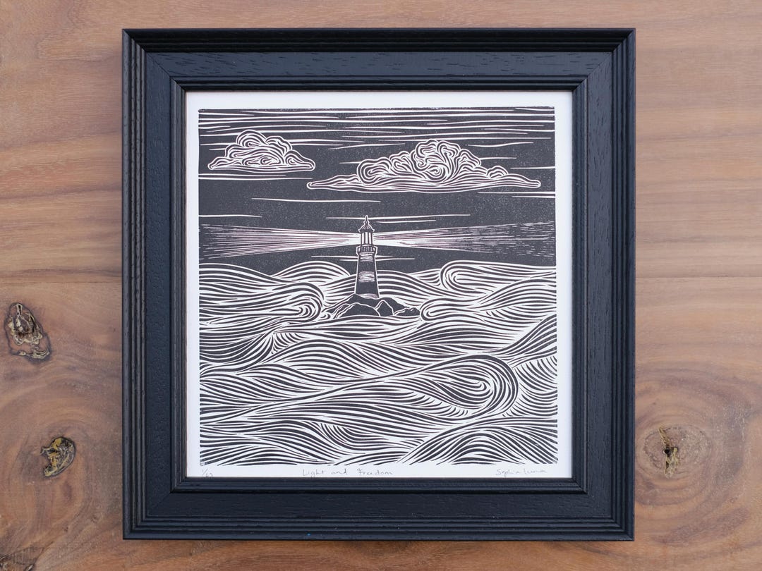 Light and Freedom | Original Linocut Print | Lighthouse Print ...