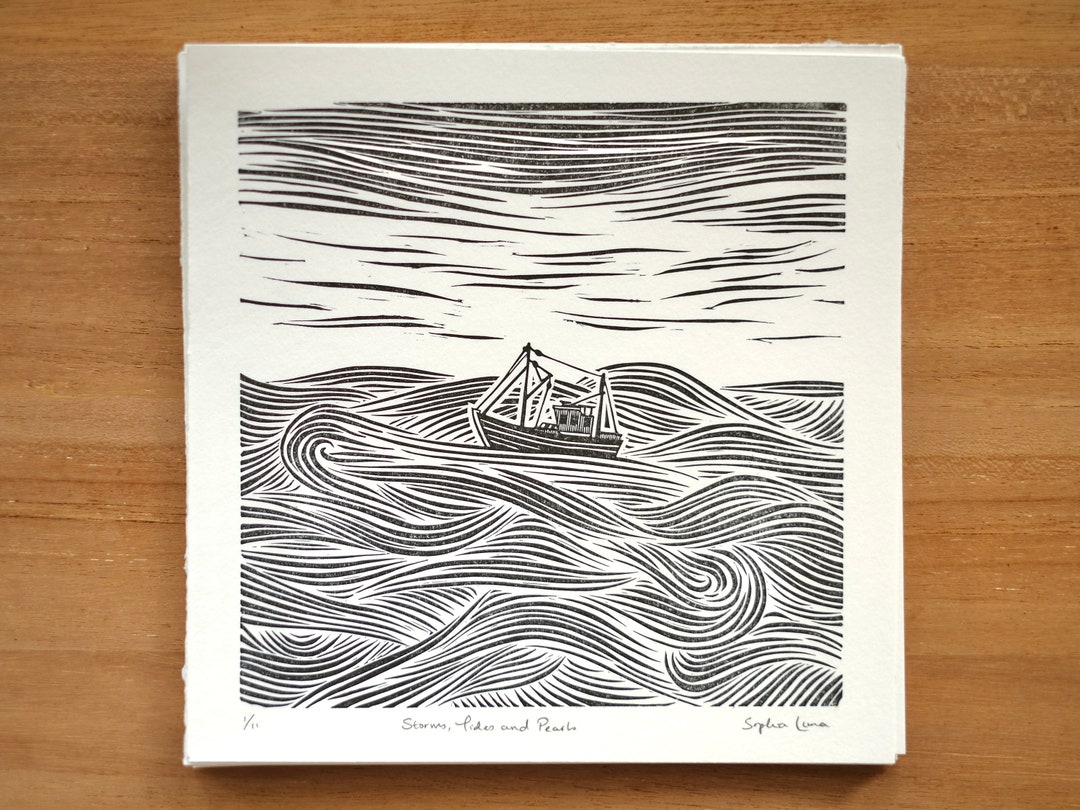 Storms, Tides and Pearls | Original Linocut Print | Sailing Print ...