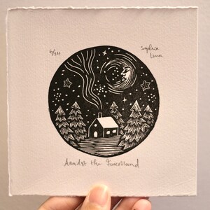 Amidst the Forestland | Original Linocut Print | Forest Print | Moon ...