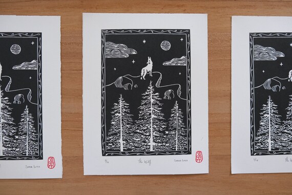 The Wolf Original Linocut Print Wolf Print Howling Wolf - Etsy UK