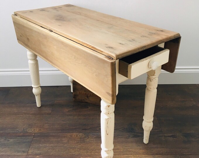 Sweet Rustic Antique Pine Drop Leaf Table With Single Drawer in Cream ...