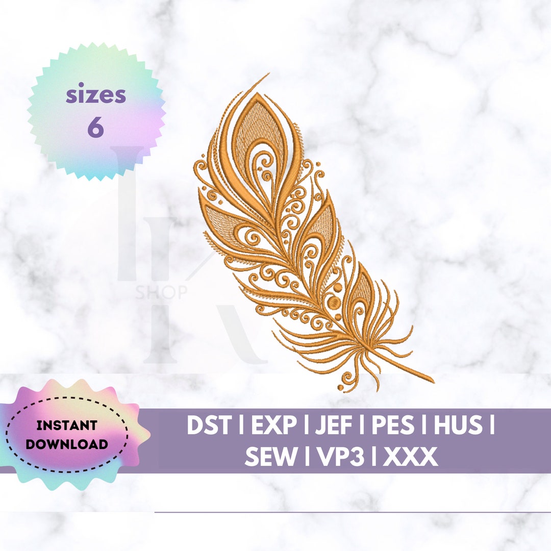 Feather Machine Embroidery Design, Doodle Feather Motive, Golden ...