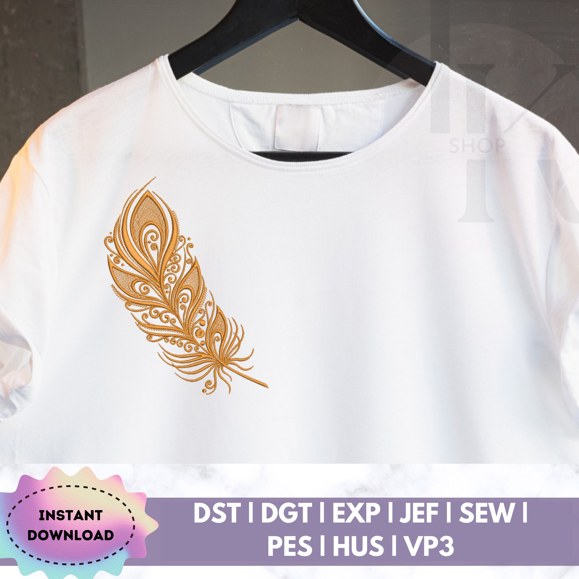 Feather Machine Embroidery Design, Doodle Feather Motive, Golden ...