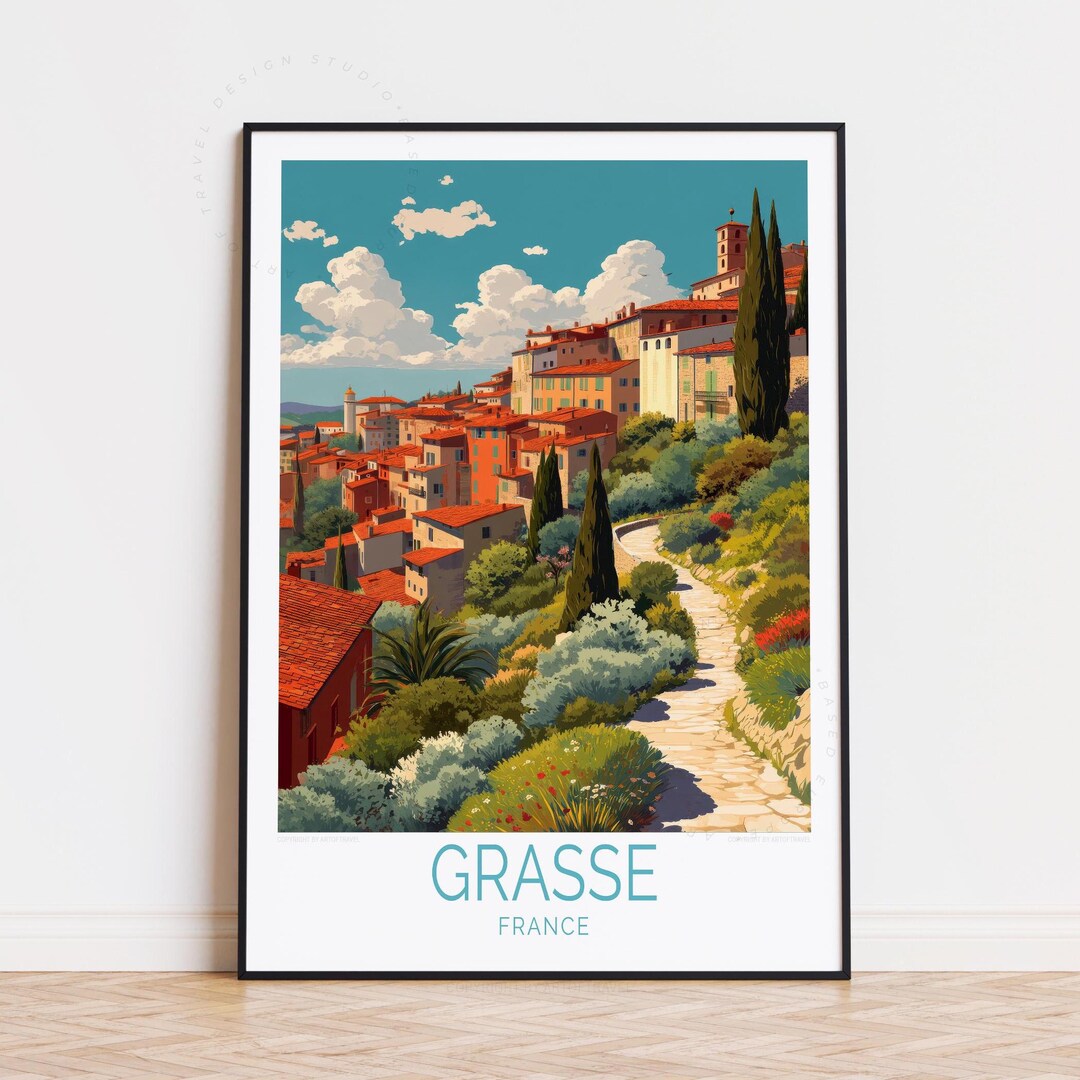Grasse France Travel Poster, Mediterranean Hillside Town Landscape Art ...