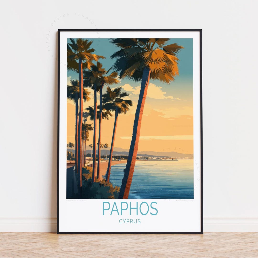Paphos Cyprus Travel Poster, Mediterranean Beach Wall Art, Coastal ...