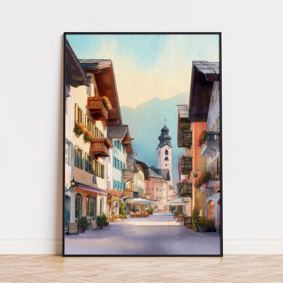 St. Johann in Tirol Austria Watercolor Travel Poster, Alpine Village ...
