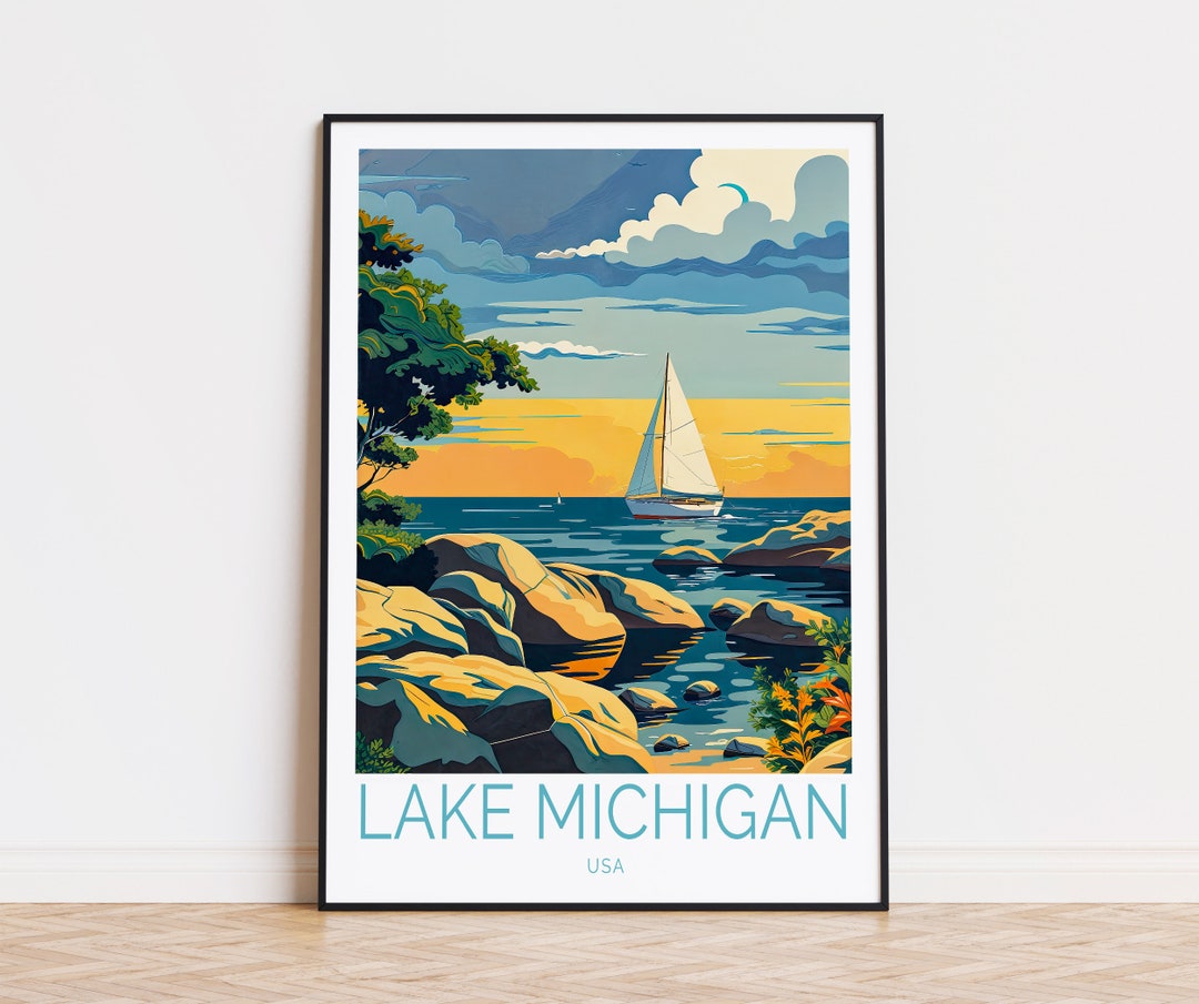 Lake Michigan Travel Poster, USA Wall Art Decor, USA Sunset Poster ...
