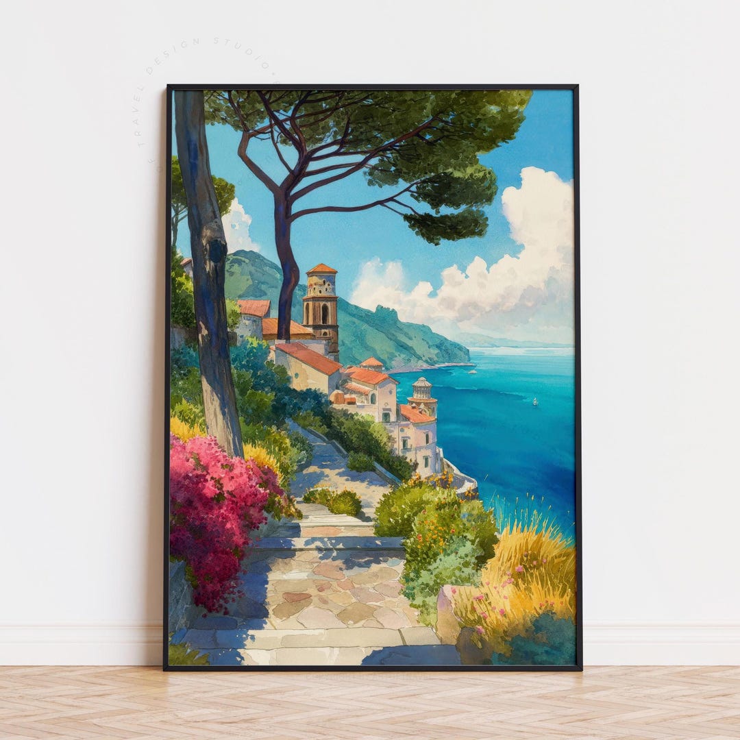Ravello Amalfi Coast Italy, Watercolor Travel Poster, Cliffside ...