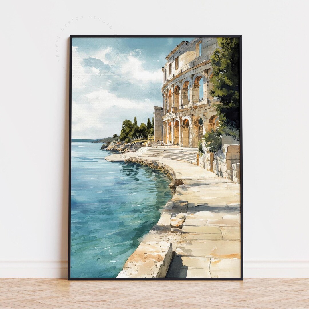 Pula Croatia Watercolor Travel Poster, Coastal Roman Amphitheatre Art ...