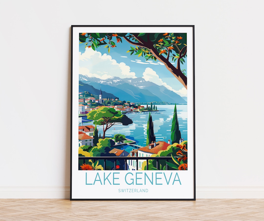 Lake Geneva Travel Poster, Switzerland Wall Art, Lake Geneva ...