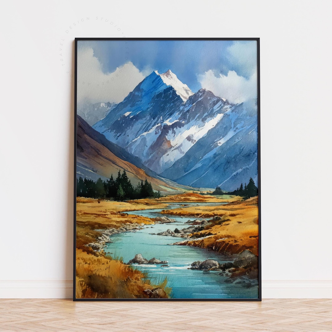 Póster de viaje en acuarela del Monte Cook de Aoraki, impresión de arte ...