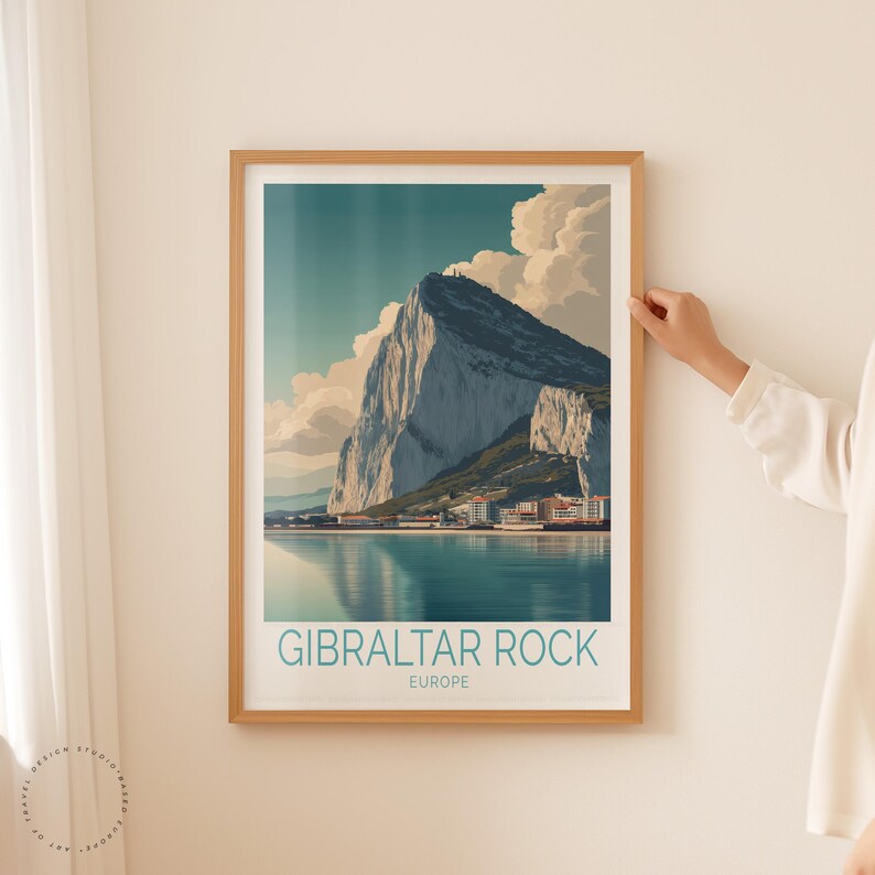 Gibraltar Rock Travel Poster, Europe Coastal Landmark Wall Art Print ...