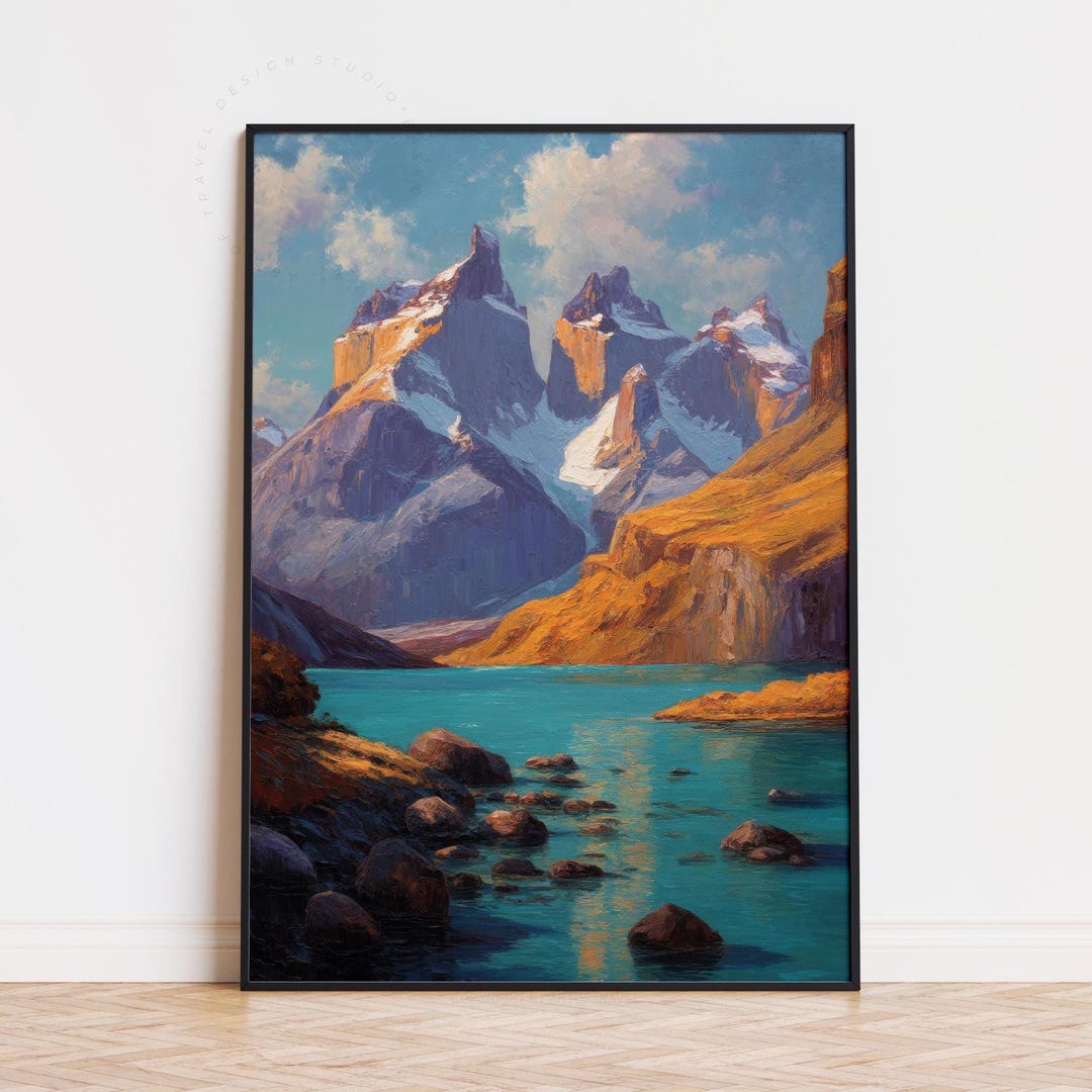 Patagonia Chile Oil Painting Poster | Mountain Lake Wall Art Print ...