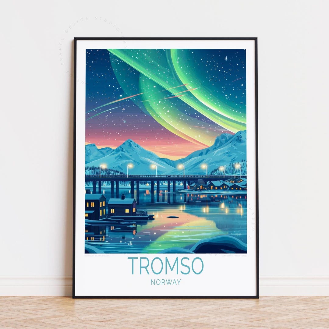 Tromso Travel Poster, Norway Wall Art, Tromso Northern Lights Print ...
