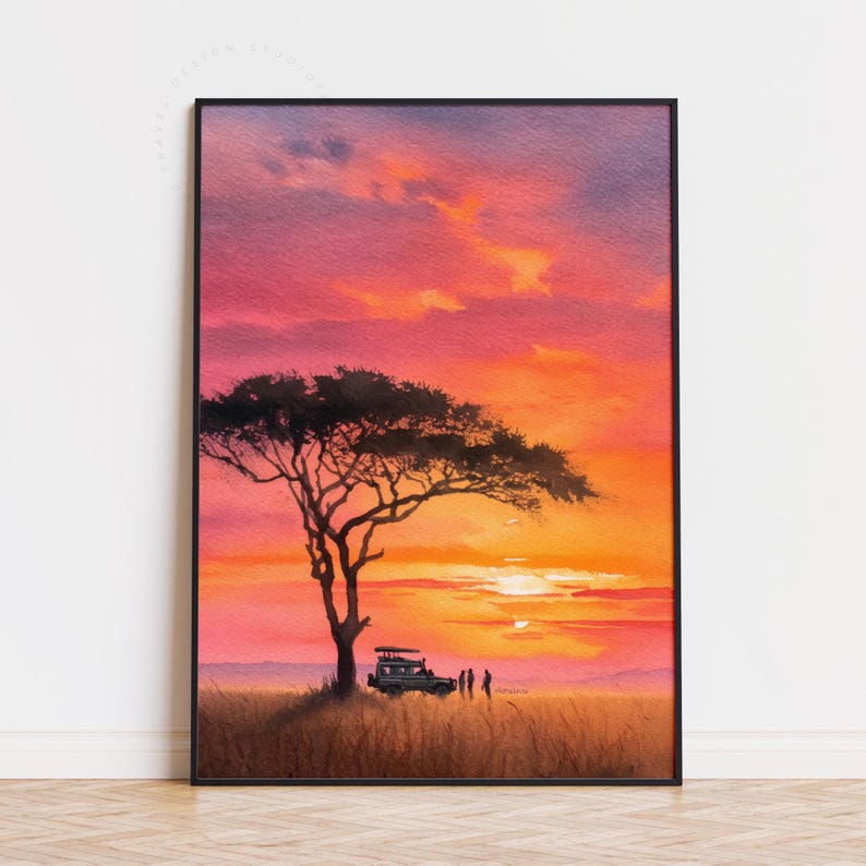 Masai Mara Kenya Watercolor Poster | African Sunset Wall Art Print ...