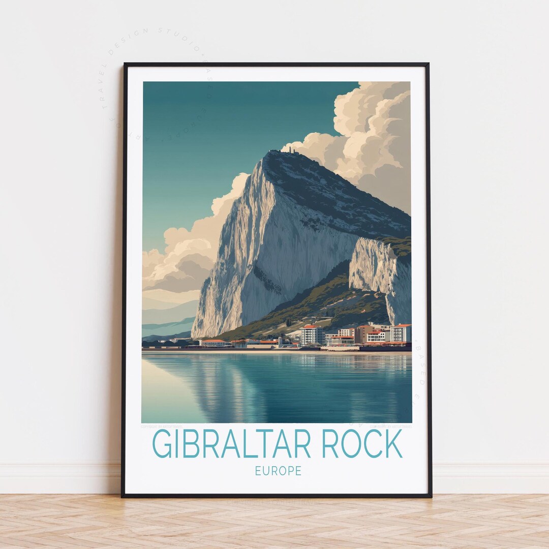 Gibraltar Rock Travel Poster, Europe Coastal Landmark Wall Art Print ...