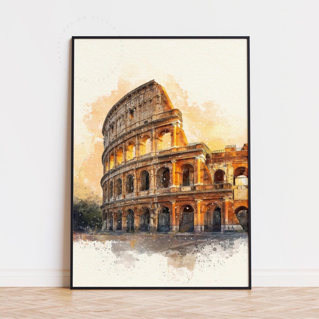 Rome Colosseum Watercolor Travel Poster, Italian Landmark Architectural ...