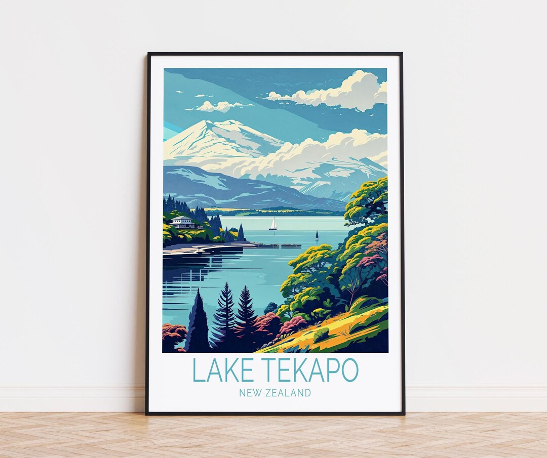 Lake Tekapo Travel Poster, New Zealand Wall Art, Lake Tekapo Coast ...