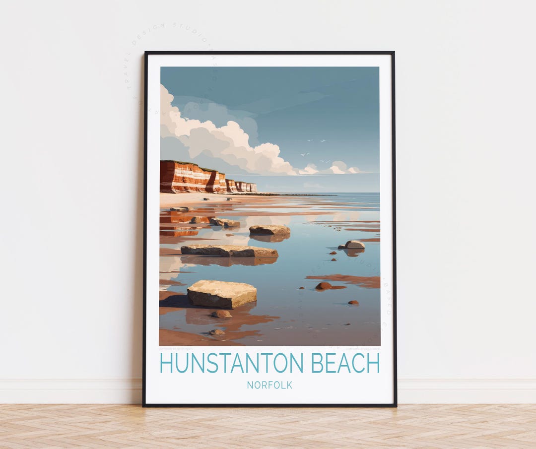 Hunstanton Beach Travel Poster, Norfolk Coastal Cliffs - Etsy
