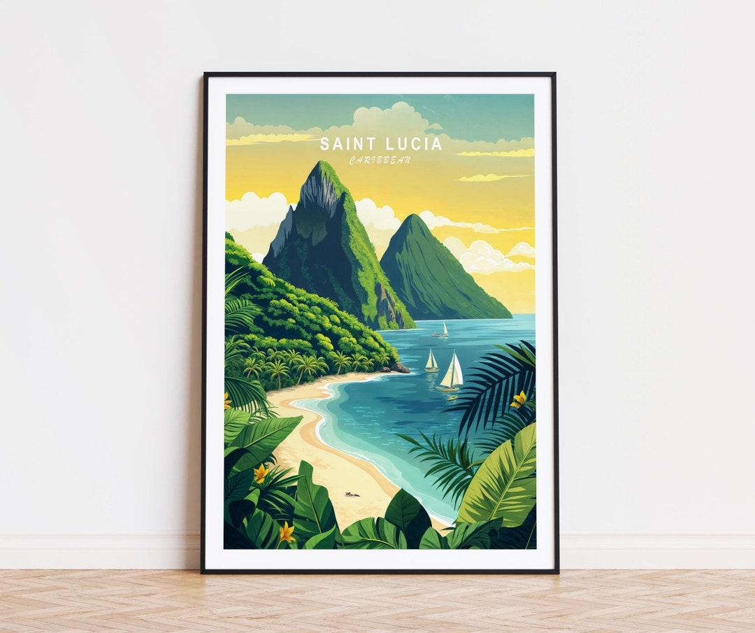 Saint Lucia Travel Poster, Caribbean Wall Art, Saint Lucia Print, Coast ...