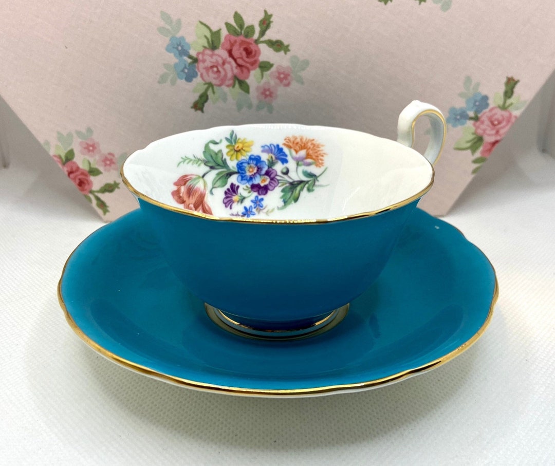 Aynsley Turquoise Teacup Set Vintage Floral Made in England Tea Cup Set ...