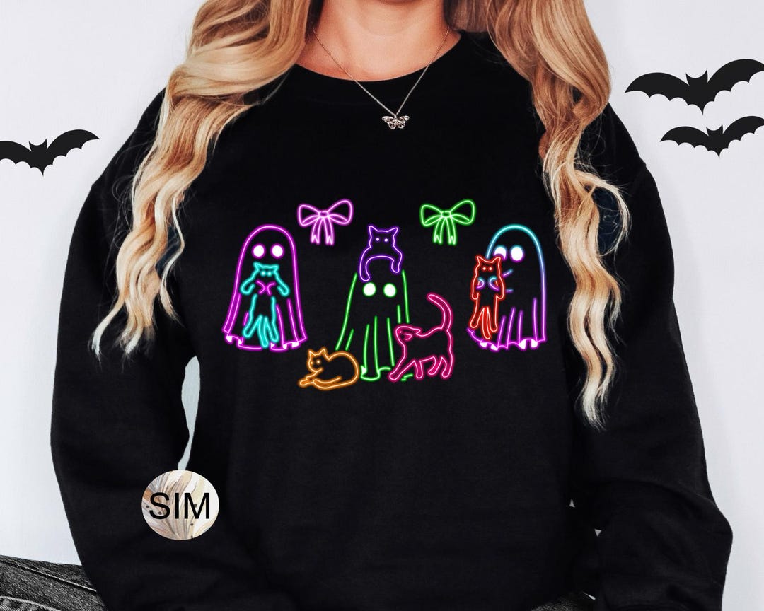 Neon Halloween PNG File, Neon Ghosts & Cats Png, Sublimation Digital ...
