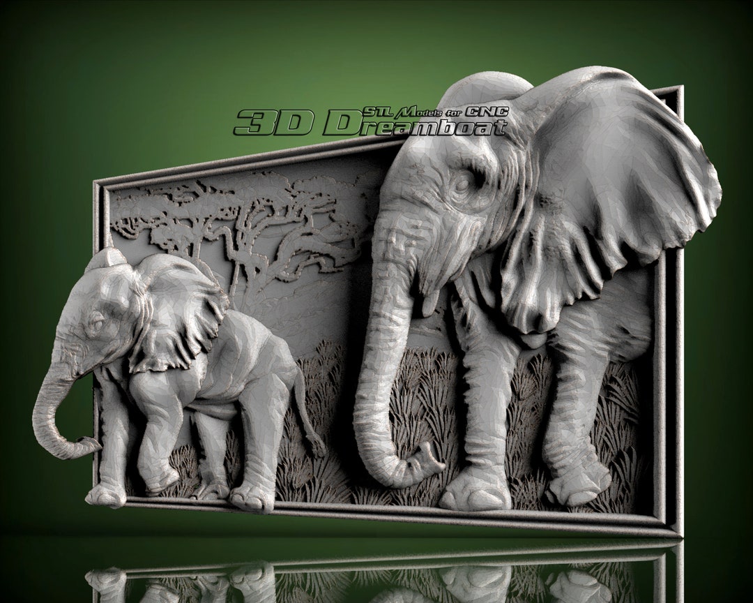 Elephants, 3d STL Model for CNC Router, Artcam, Vetric, Engraver, Relief, Carving, Cut 3D, 6274 ...