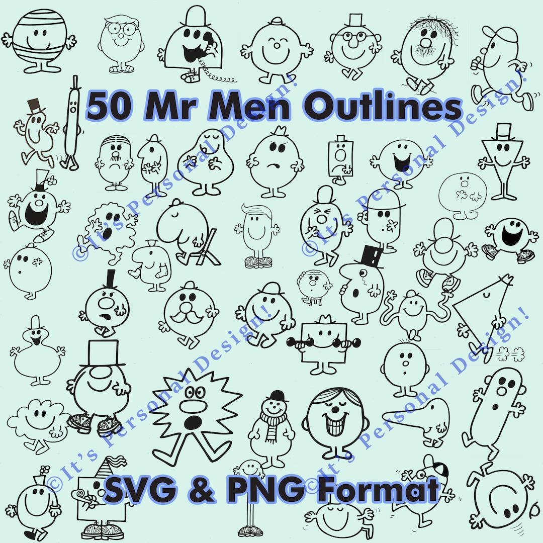 50 Mr Men Outlines (B&W) With Mr Men Font: Charming Character Designs ...