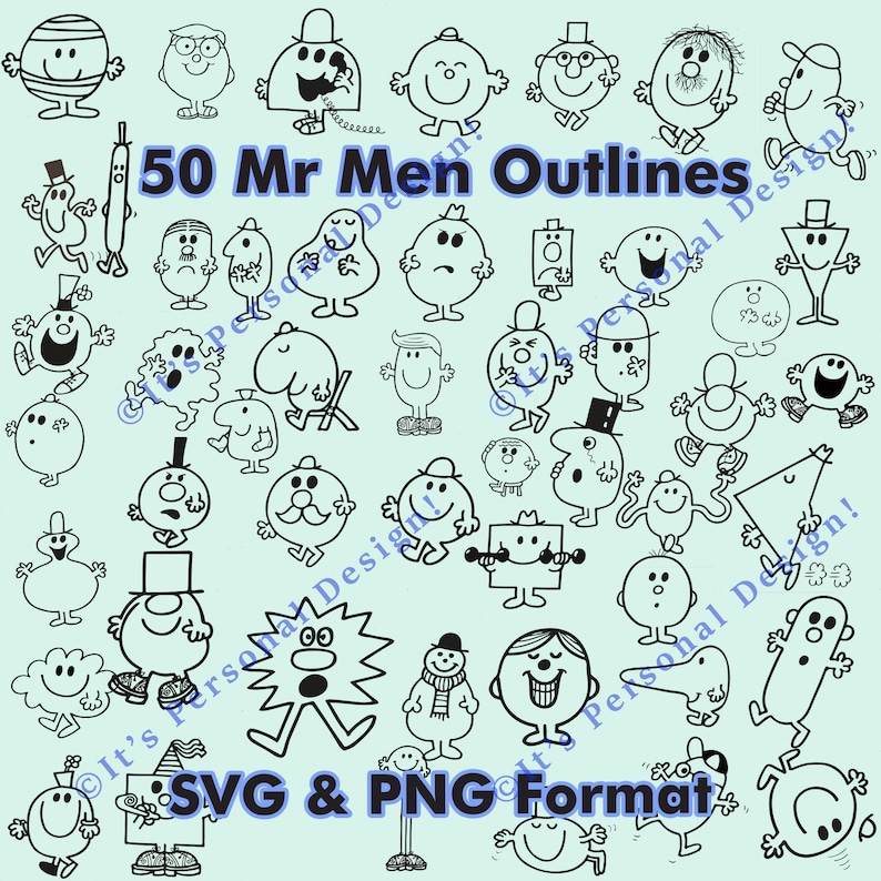 50 Mr Men Outlines (B&W) With Mr Men Font: Charming Character Designs ...