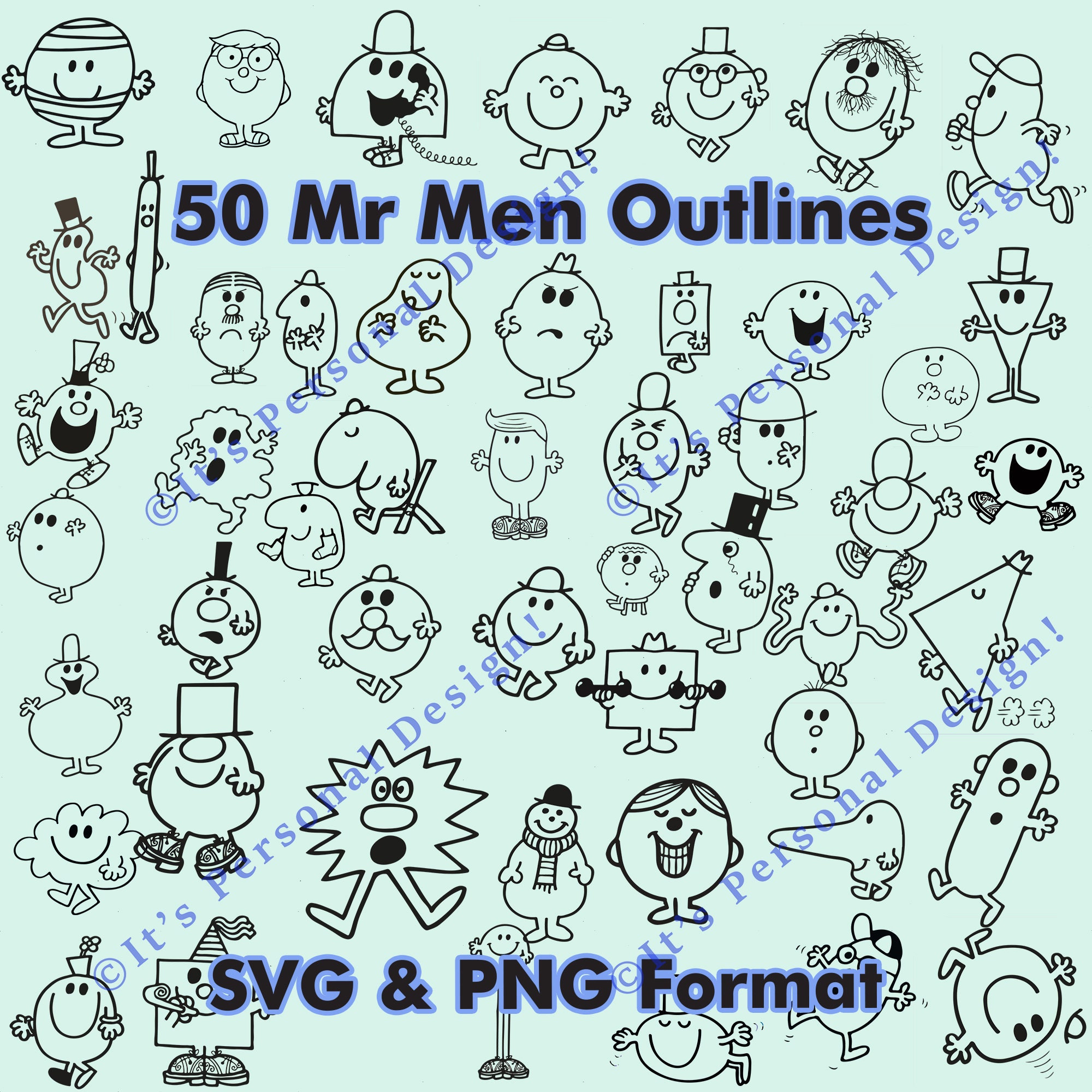 50 Mr Men Outlines (B&W) With Mr Men Font: Charming Character Designs ...