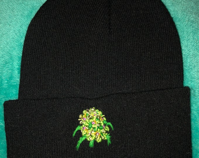 Cannabis Embroidery Beanie, Hat for Stoners, Marijuana Stitched, Winter ...
