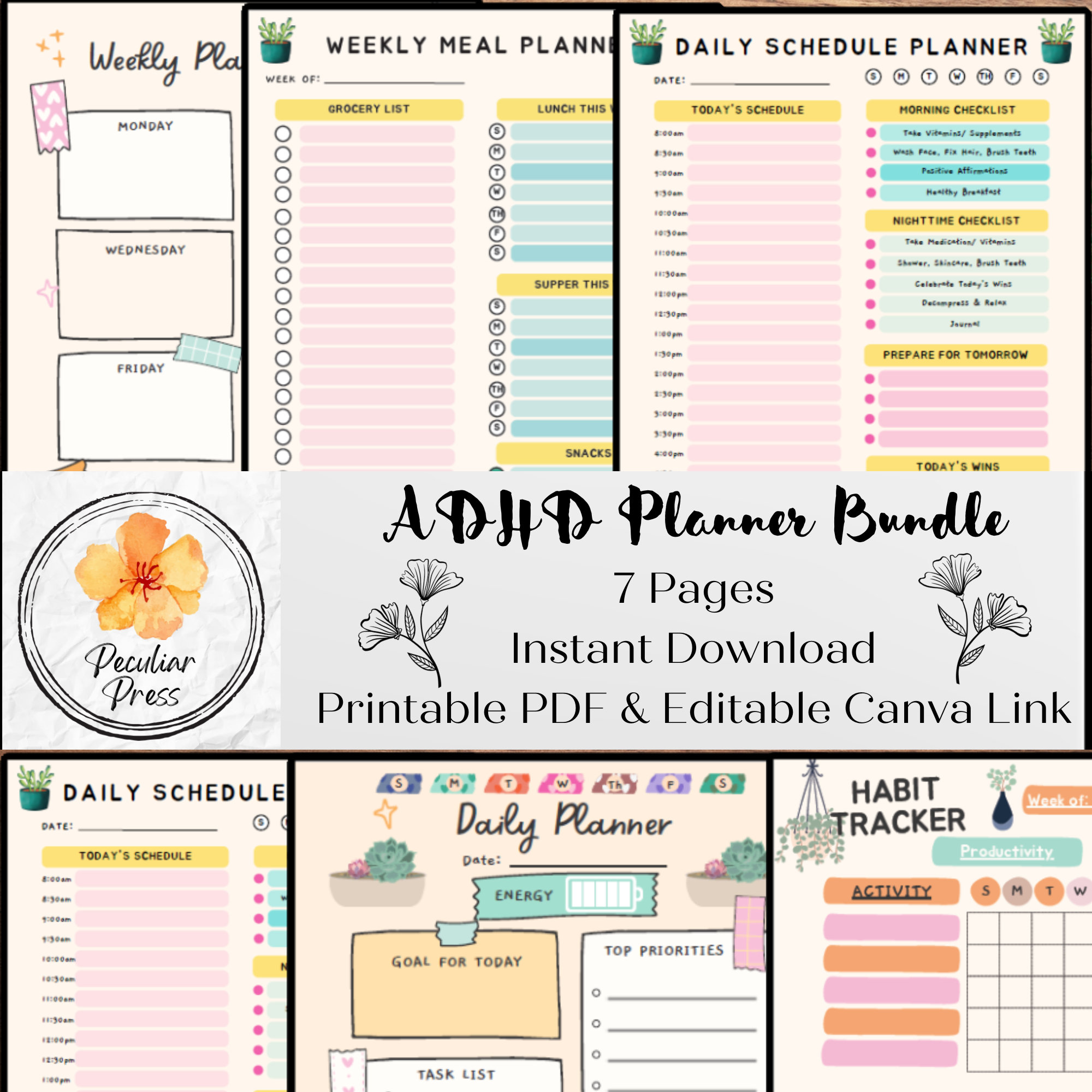 Editable ADHD Planner Adults, Planner for Work, ADHD Organization ...