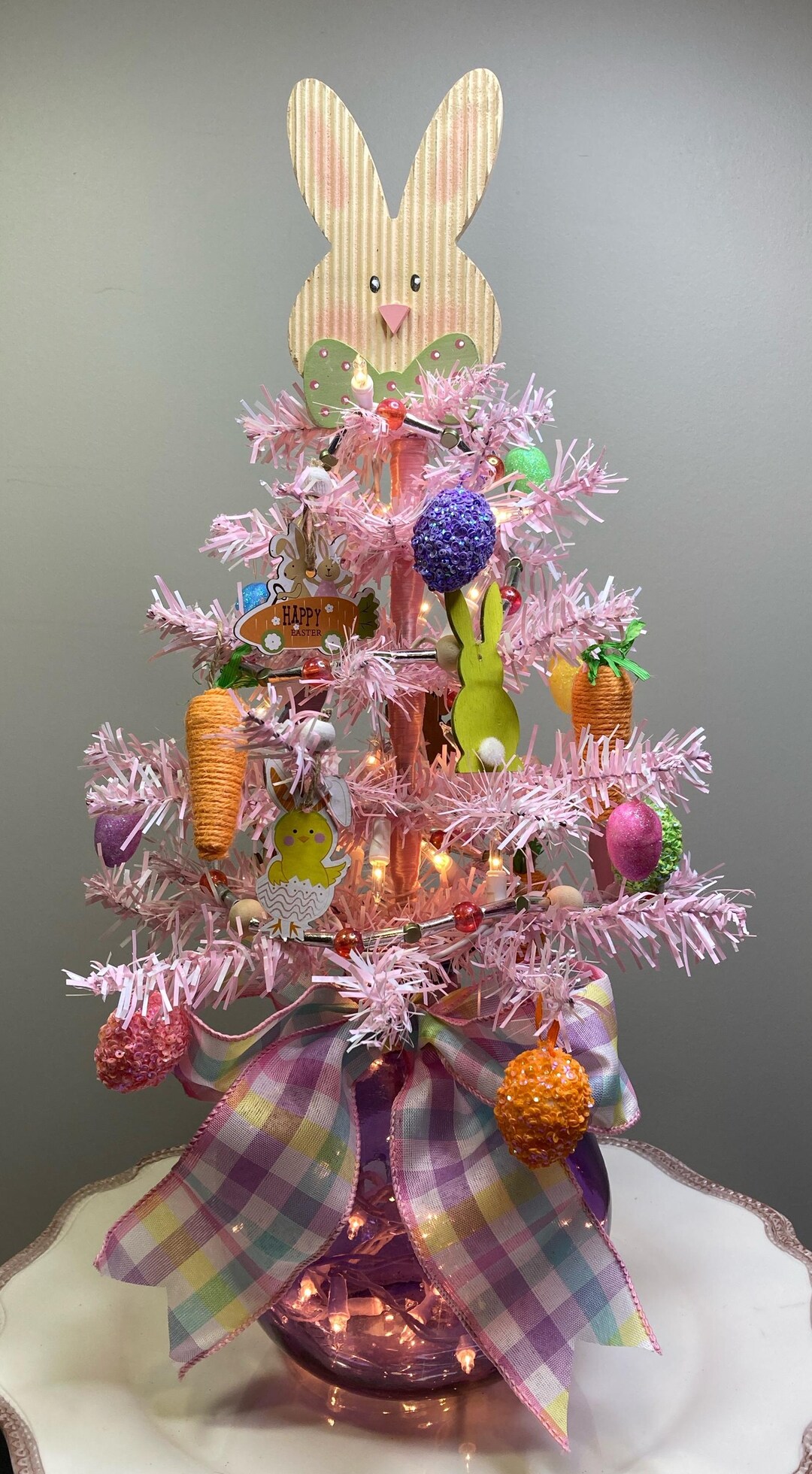 Easter Bunny Lighted Decorated Pink Easter Tree, Wooden Bunny Tree ...