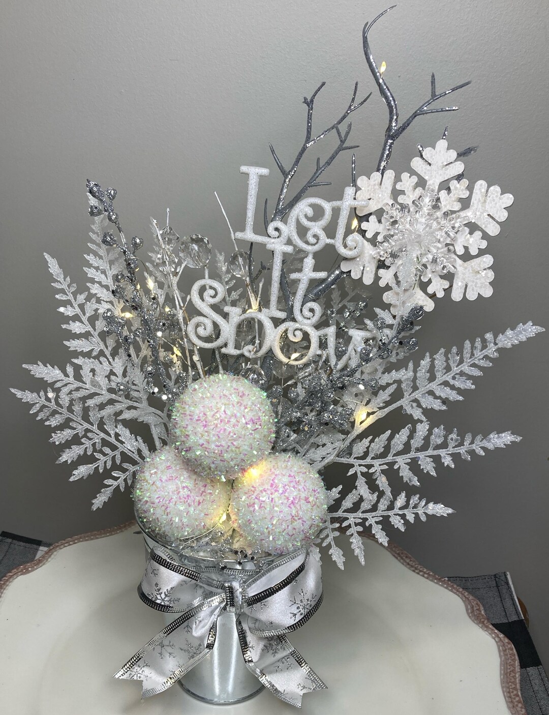 Let It Snow Lighted Centerpiece, Snow Day Floral, Wintery Day ...